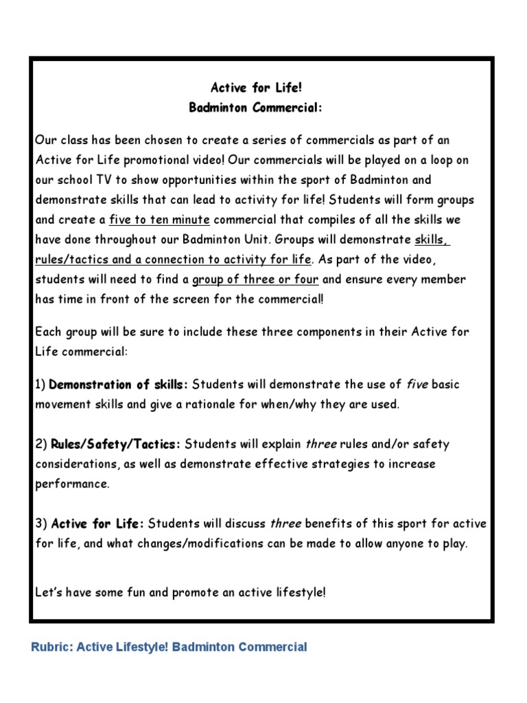 9 10 Badminton Unit - Video Performance Task | PDF | Rubric (Academic ...