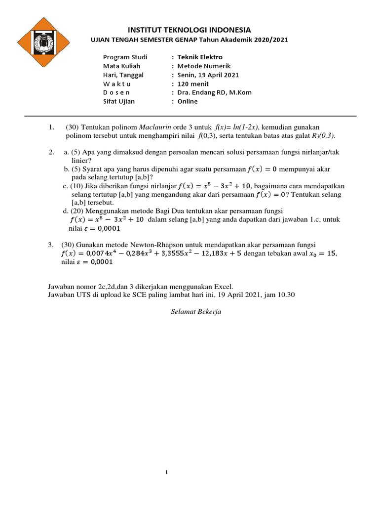 Soal UTS Metode Numerik EL GNP 2021 | PDF | Metode & Bahan Ajar