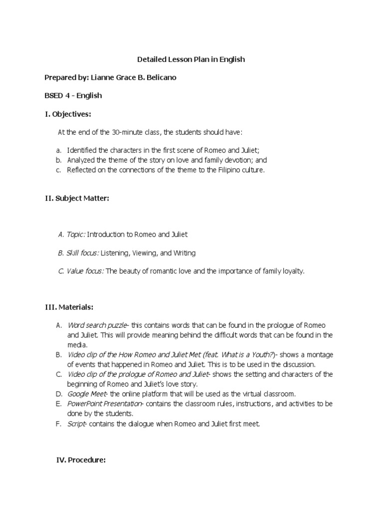 Lesson Plan Romeo and Juliet | PDF | Romeo And Juliet | Characters In ...