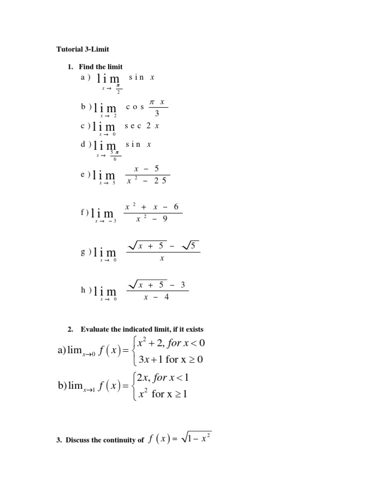 Lim Lim Lim Lim Lim: 2, 0 A) Lim 3 1 For X 0 2, 1 B) Lim For X 1 + + | PDF