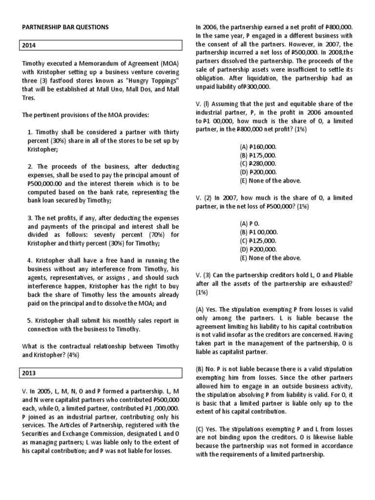 Partnership Bar Questions | PDF | General Partnership | Partnership