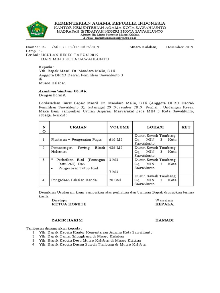 Surat Usulan Reses Tahun 2019 | PDF