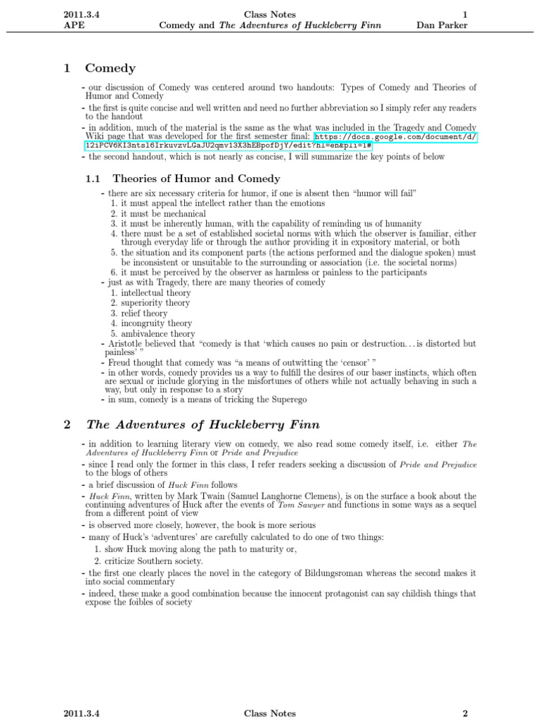 Class Notes Through 2011.3.4 | PDF | Huckleberry Finn | Adventures Of ...