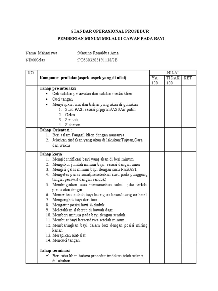 STANDAR OPERASIONAL PROSEDUR PEMBERIAN MINUM MELALUI CAWAN PADA BAYI | PDF