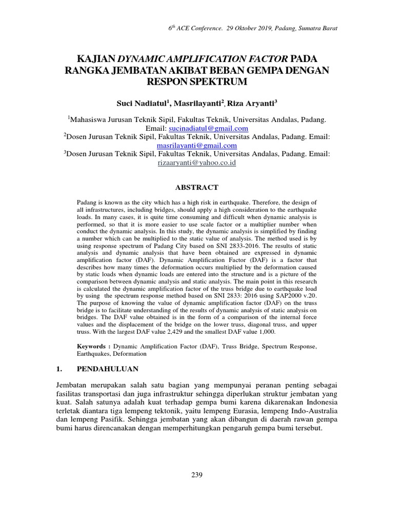 Kajian Dynamic Amplification Factor Pada Rangka Jembatan Akibat Beban Gempa Dengan Respon ...