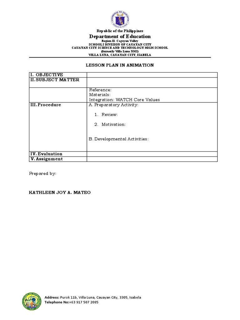 Department of Education: Lesson Plan in Animation I. Objective Ii ...