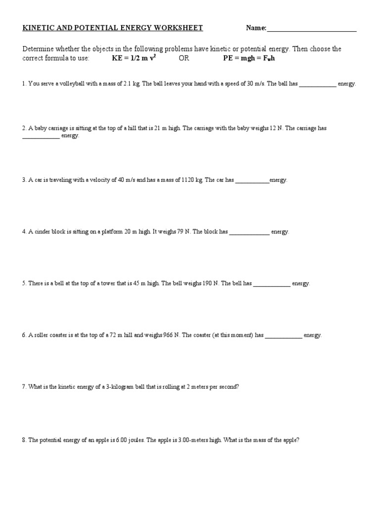 KE and PE worksheet | PDF | Kinetic Energy | Potential Energy