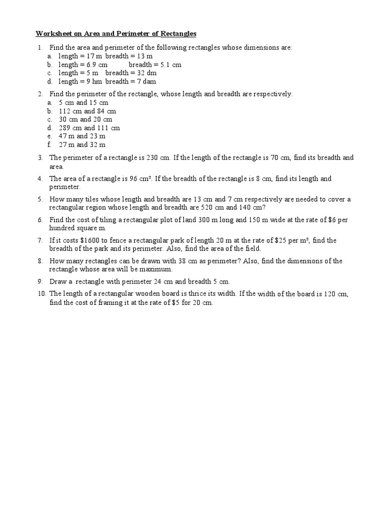 Worksheet On Area and Perimeter of Rectangles | PDF