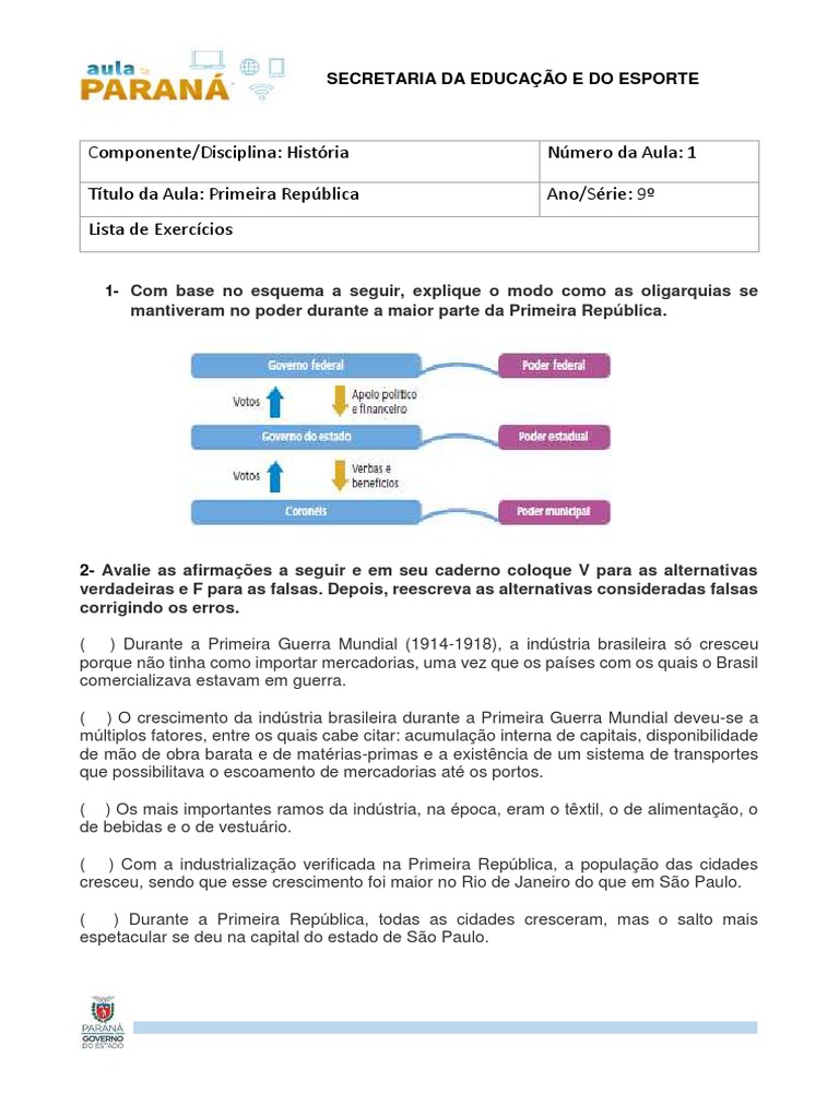 AULA 1 9 Ano Lista de Exerc¡Cios | PDF | República | Eleições