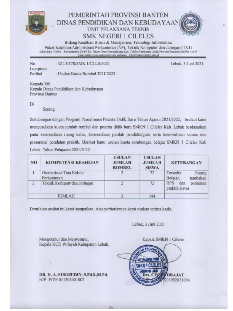 Usulan Kuota PPDB SMKN 1 Cileles | PDF