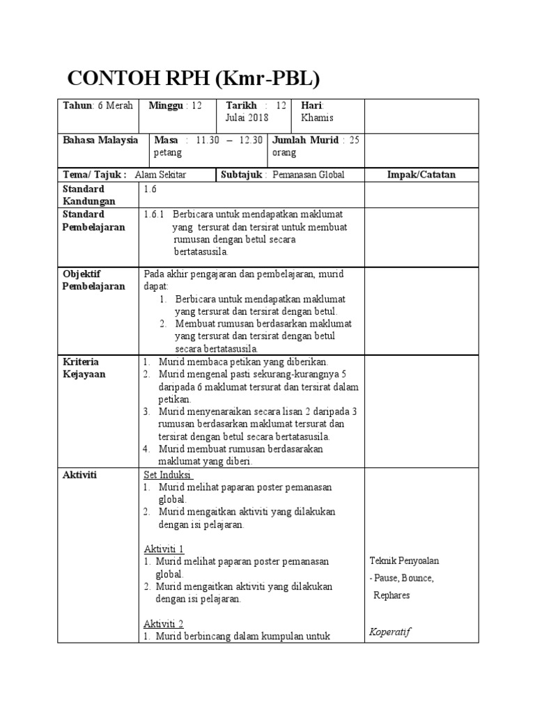 Contoh RPH - KMR | PDF