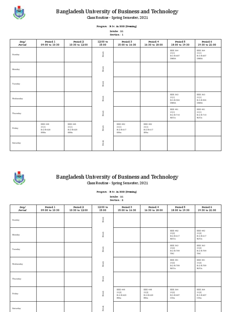 Bangladesh University of Business and Technology: Class Routine ...
