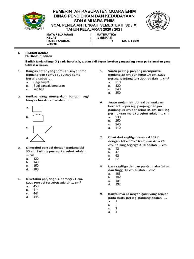 Soal PTS Matematika Kelas Iv SMT 2 2020 2021 | PDF
