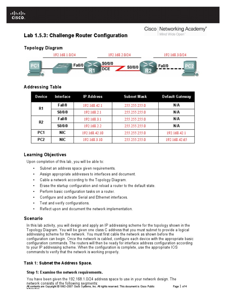 Lab 1.5.3: Challenge Router Configuration: Topology Diagram | PDF | Ip Address | Computer Network