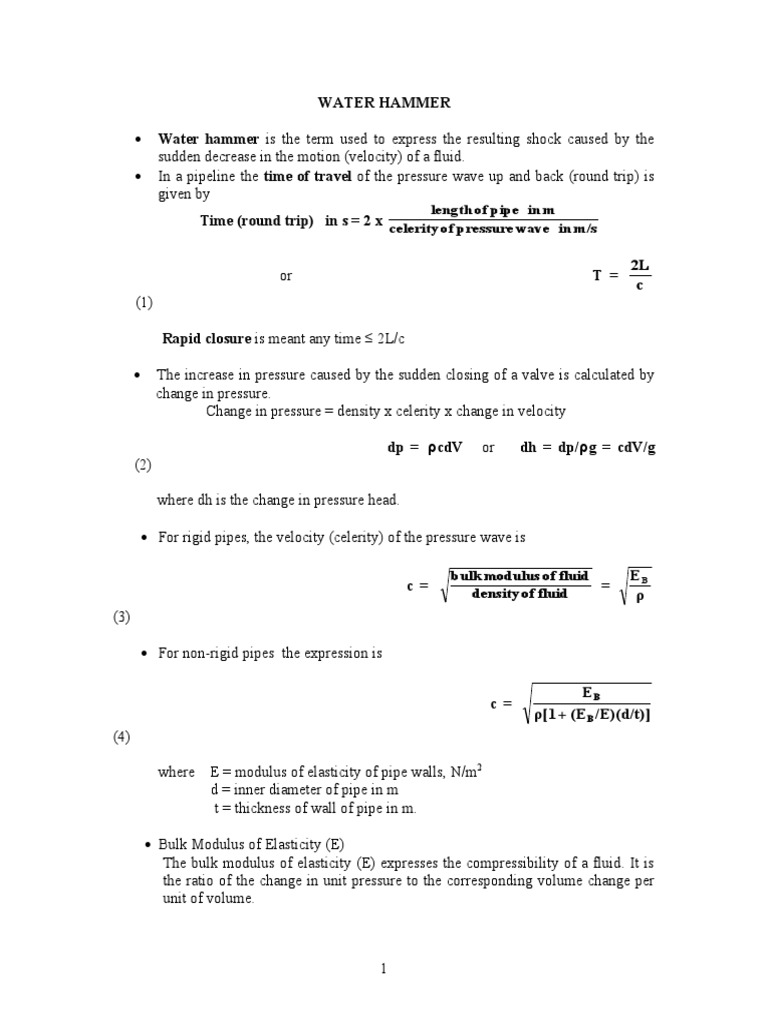 Water Hammer: M/s in Wave Pressure of Celerity M in Pipe of Length ...