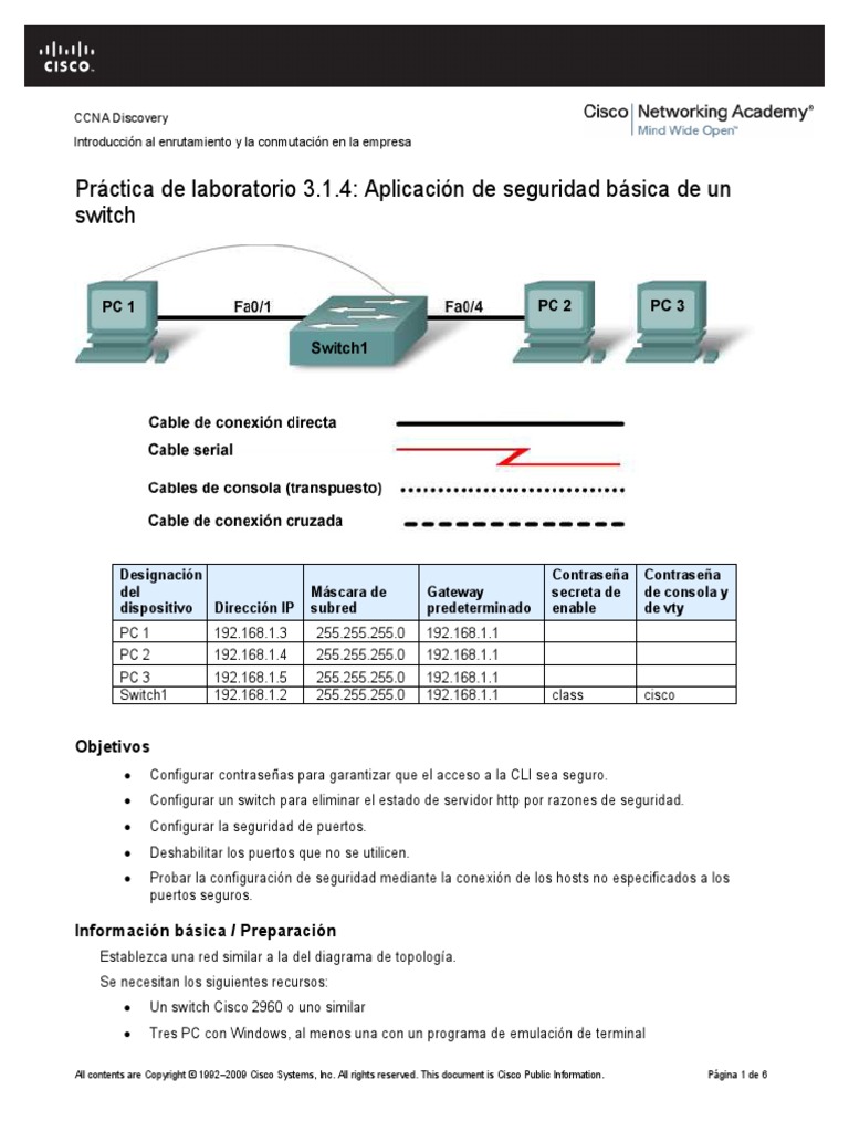 Práctica de Laboratorio 3.1.4 - Aplicación de Seguridad Básica de Un Switch | PDF | Conmutador ...