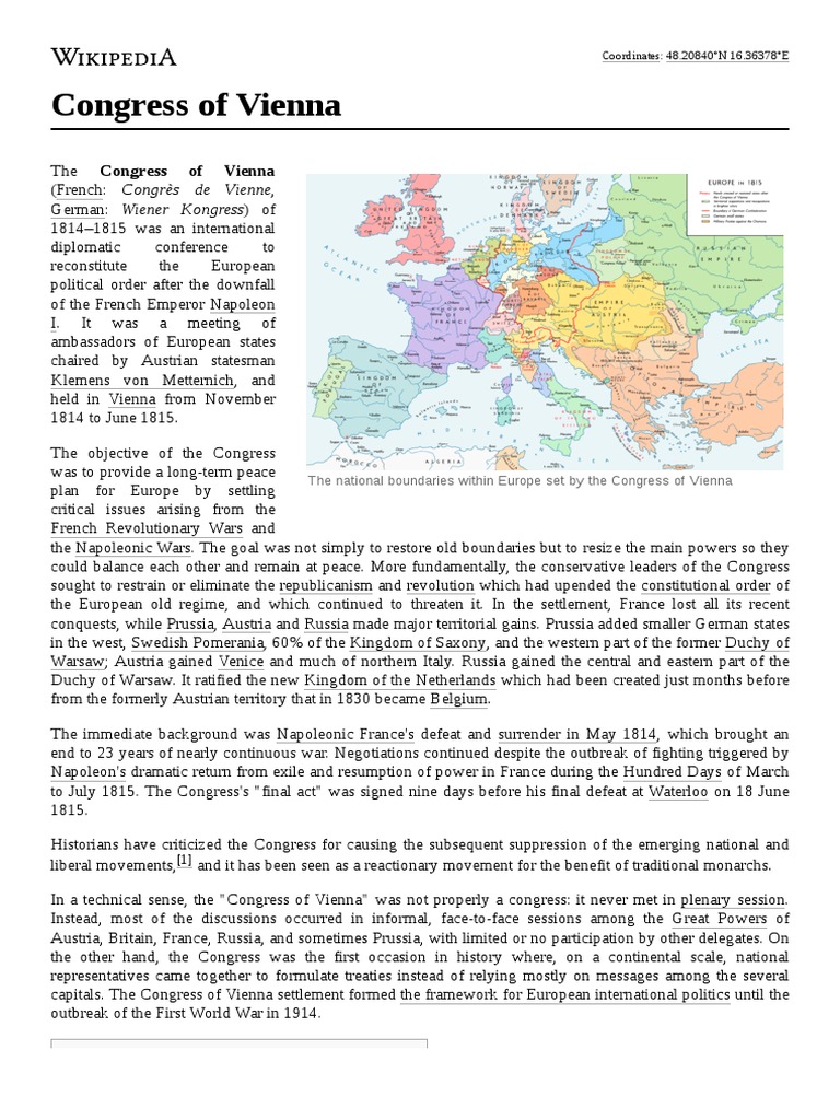 The National Boundaries Within Europe Set by The Congress of Vienna ...