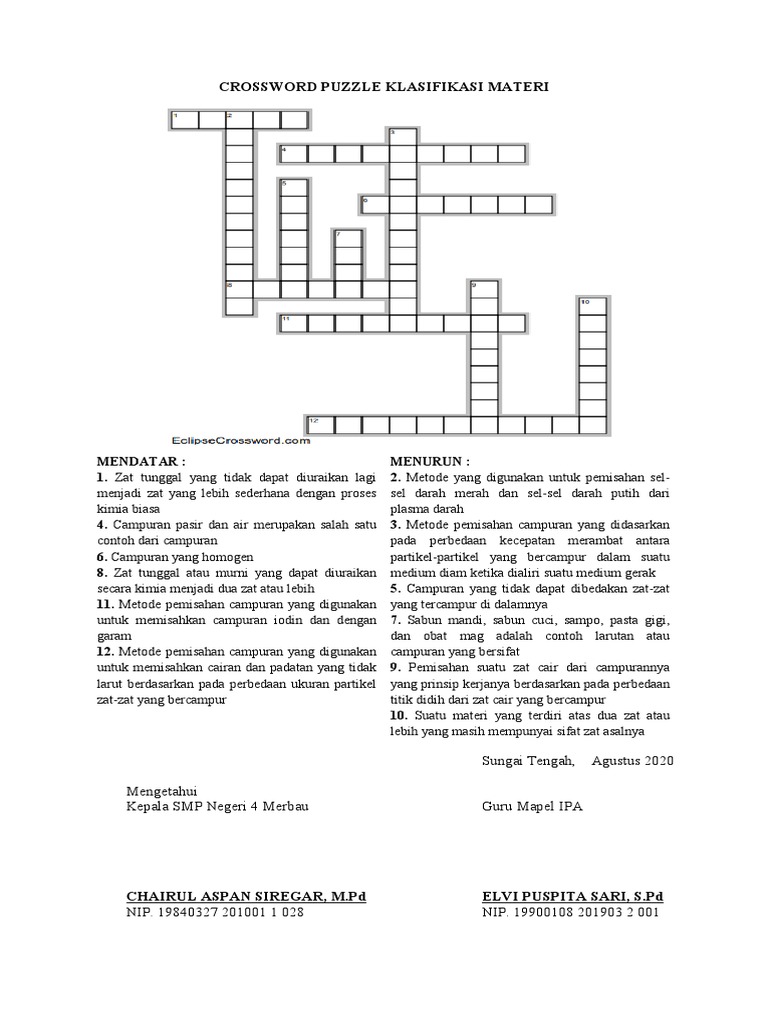 Crossword Puzzle Klasifikasi Materi | PDF
