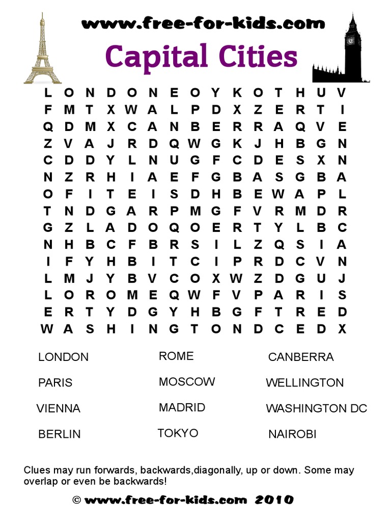 Printable Capital Cities Word Search Quiz | PDF