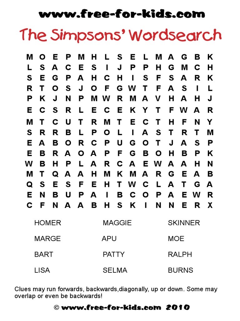Printable Simpsons Word Search Quiz | PDF