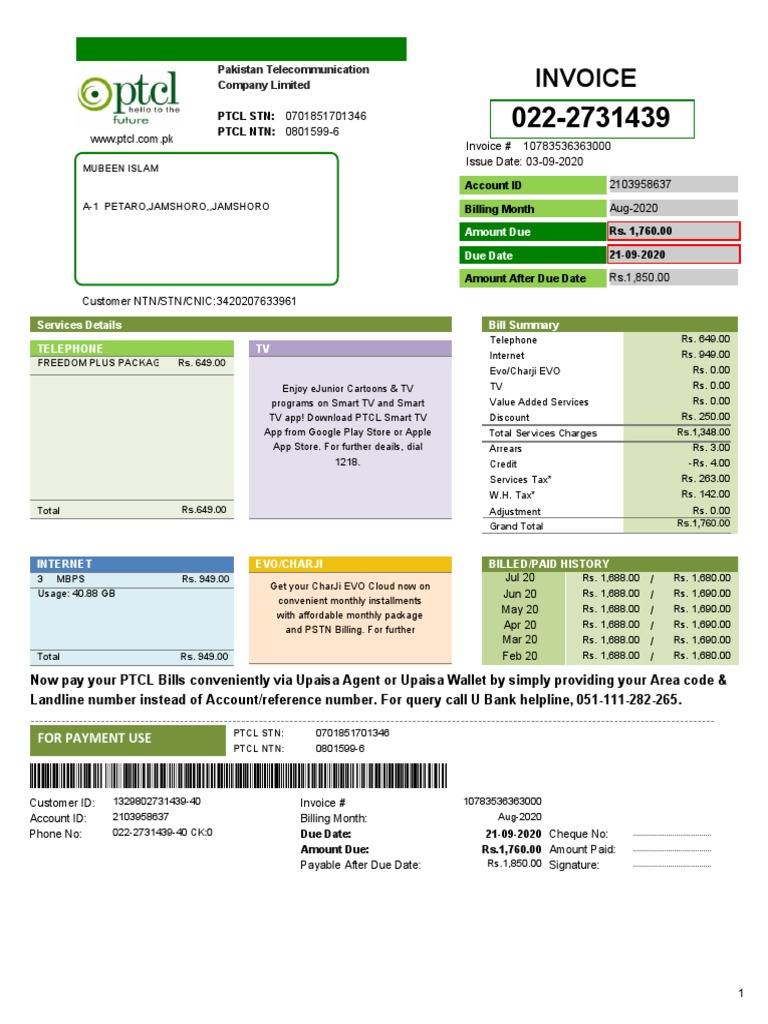 PTCL Bill Aug2020 | PDF | Telecommunications | Information And ...