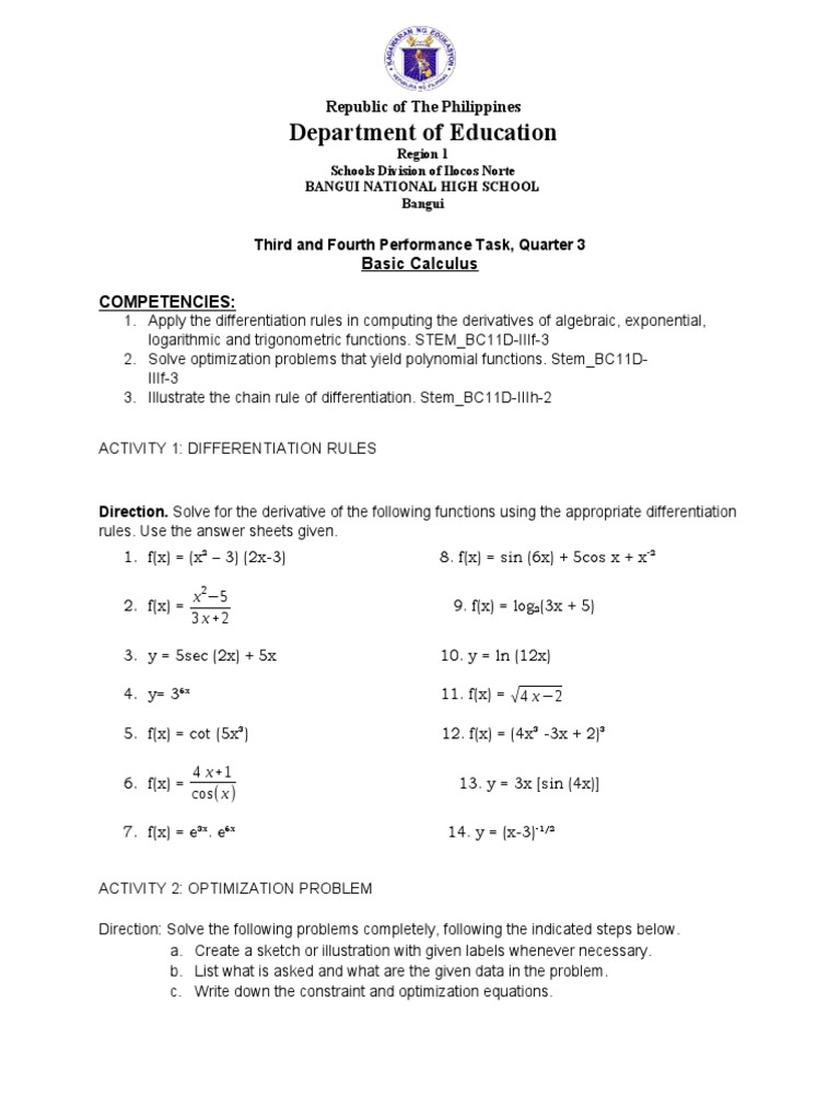 Basic Calculus Performance Tasks | PDF | Equations | Derivative