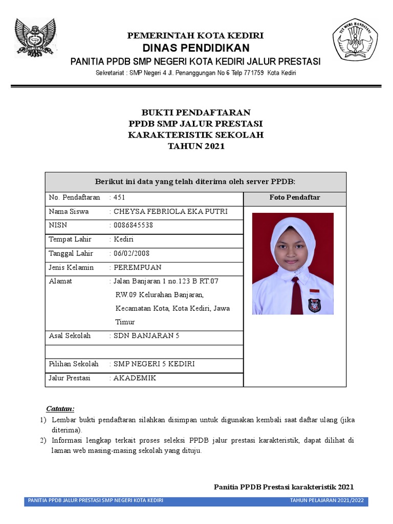 Dinas Pendidikan: Panitia PPDB SMP Negeri Kota Kediri Jalur Prestasi | PDF