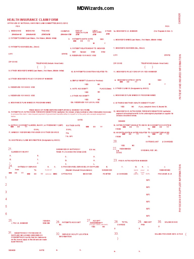 Health Insurance Claim Form: (Medicare #) (Medicaid #) (Id#/Dod ...