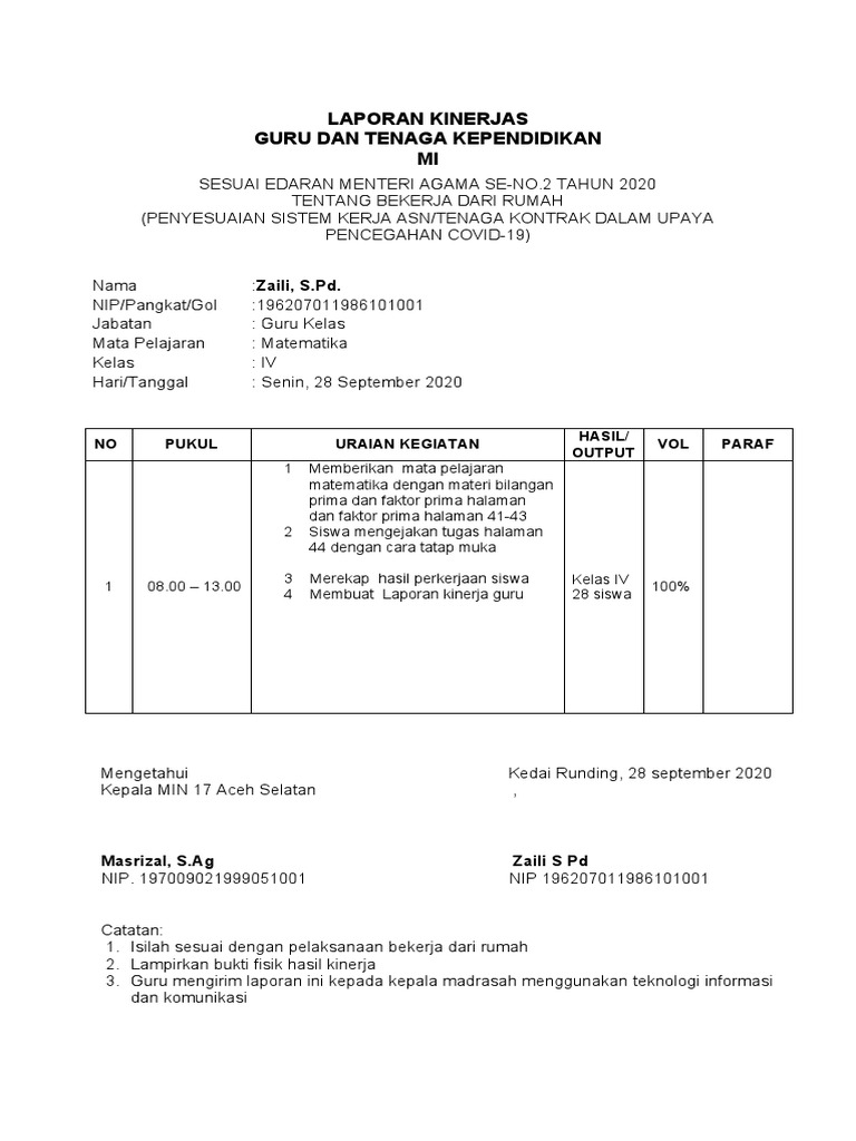 Laporan Kinerja Harian Juni (LKH) | PDF