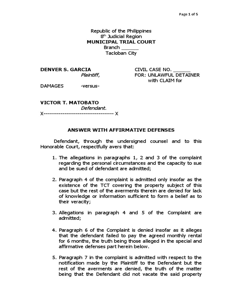ANSWER Unlawful Detainer | PDF | Affirmative Defense | Lawsuit