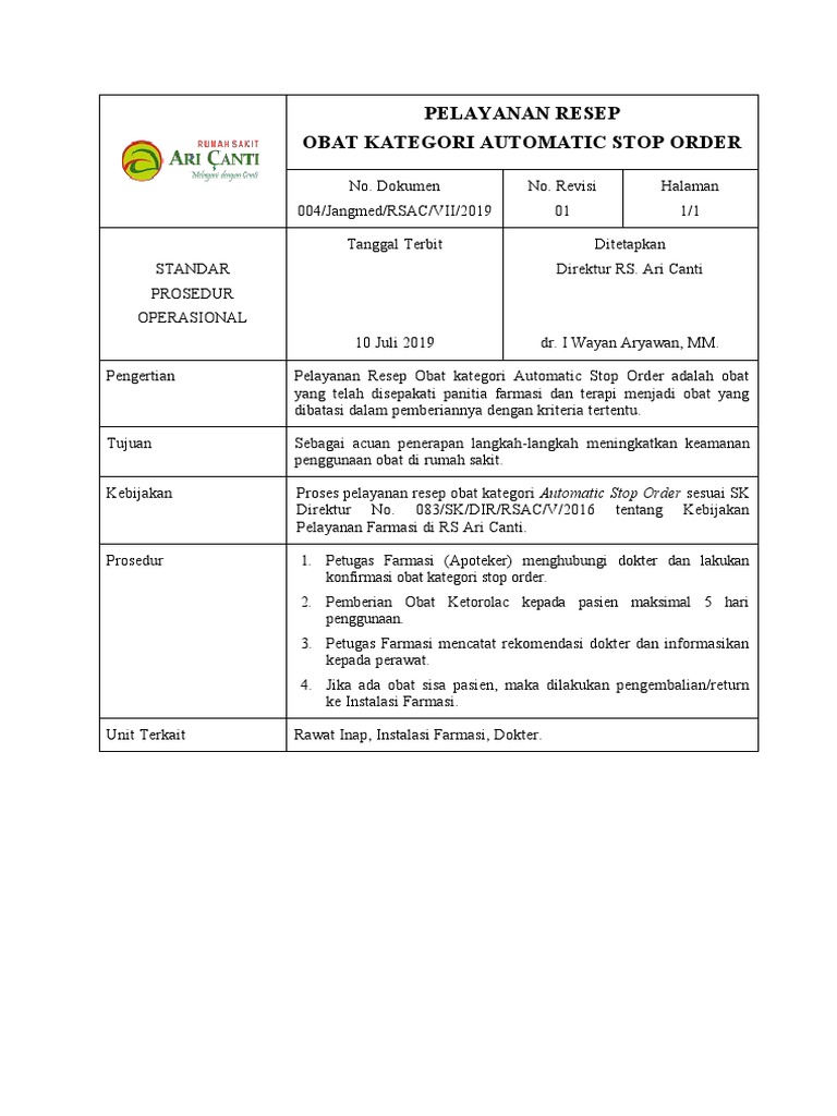 Prosedur Resep Obat Automatic Stop Order | PDF