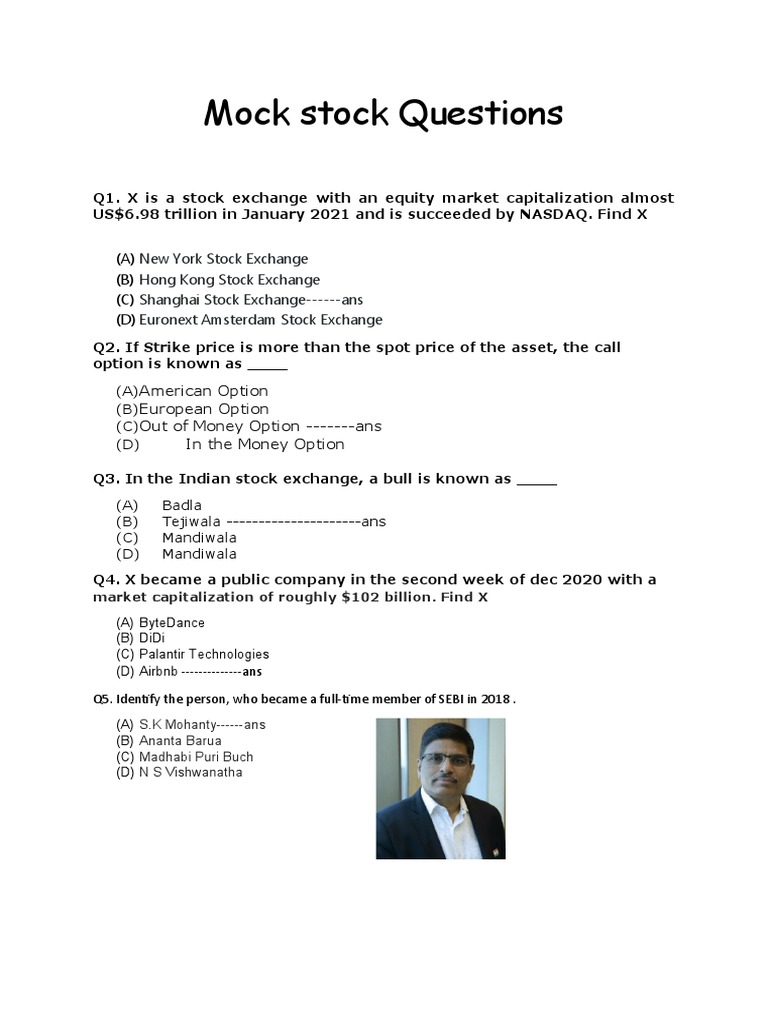 Mock Stock Market Quiz Questions | PDF
