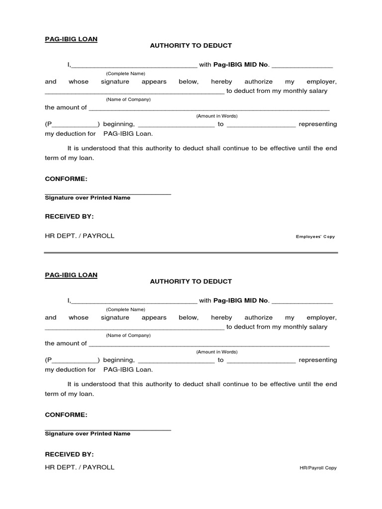 HDMF Authorization To Deduct | PDF | Career & Growth | Finance & Money ...