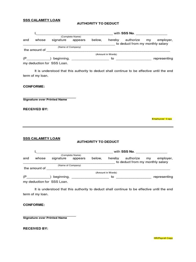 SSS Authorization To deduct-CALAMITY LOAN | PDF