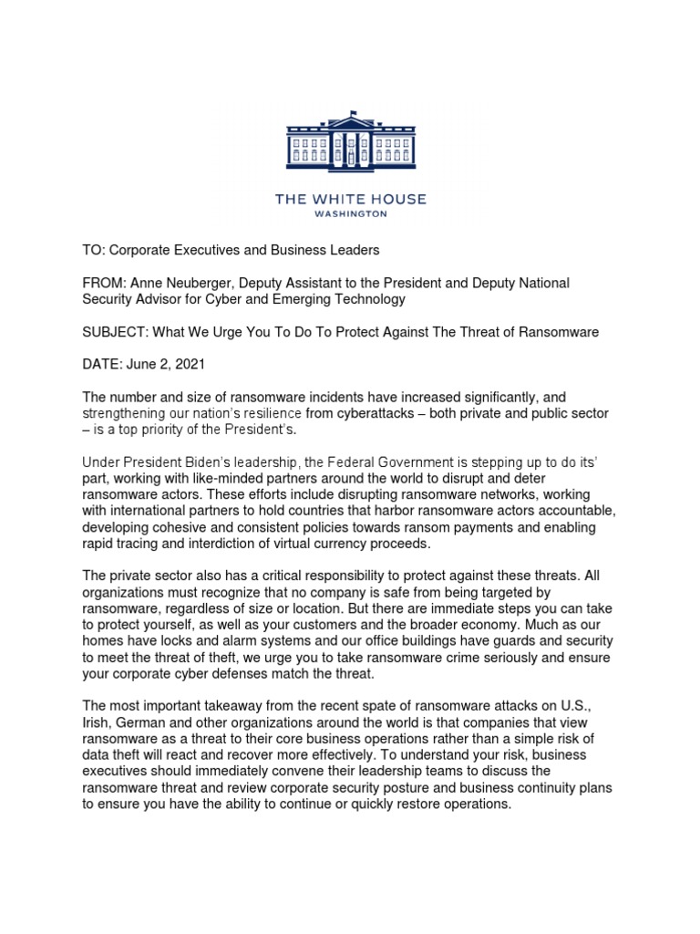 June 2, 2021 White House Memo Re: We Urge You To Do To Protect Against ...