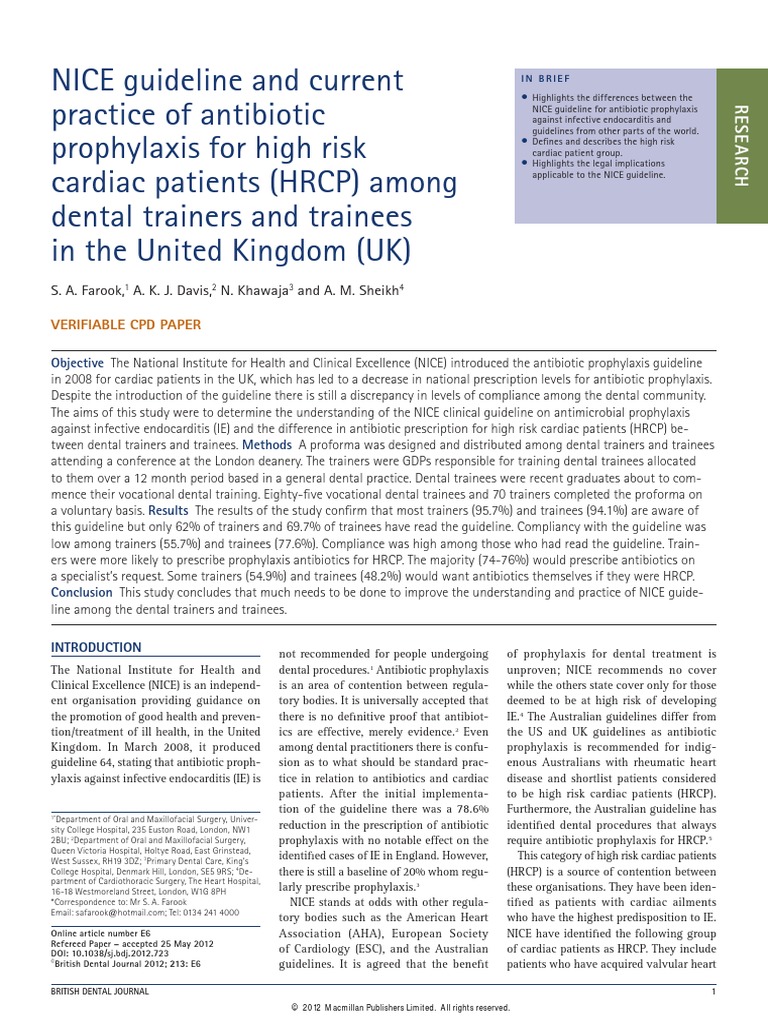 NICE Guideline and Current Practice of Antibiotic Prophylaxis For High ...