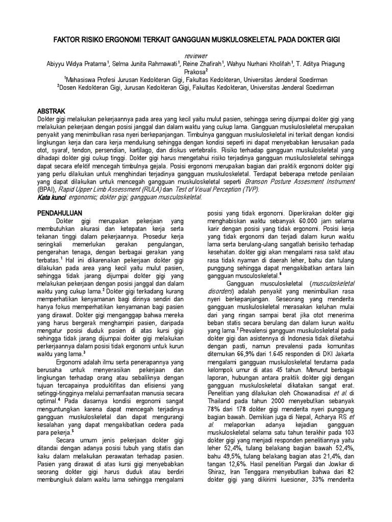 Faktor Risiko Ergonomi Terkait Gangguan Muskuloskeletal Pada Dokter Gigi | PDF