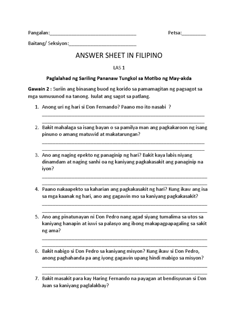 ANSWER SHEET IN FILIPINO 1 To 6 | PDF