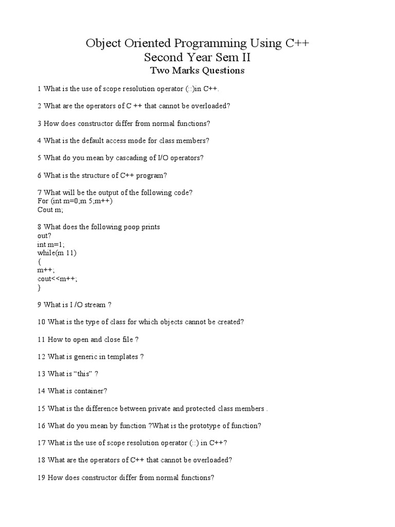 Object Oriented Programming Using C Second Year Sem Ii Two Marks Questions Pdf C