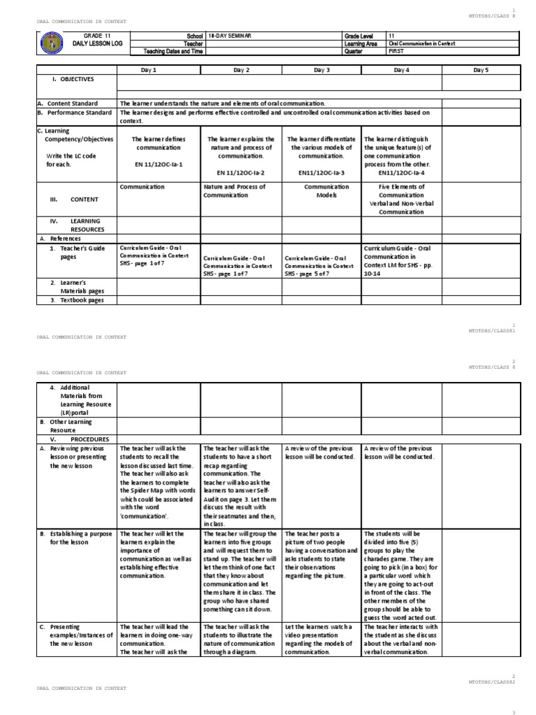 Grade 11 Oral Communication DLL | PDF | Communication | Teachers