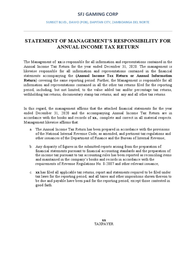 xxxSTATEMENT OF MANAGEMENT RESPONSIBILITY FOR ANNUAL INCOME TAX RETURN ...