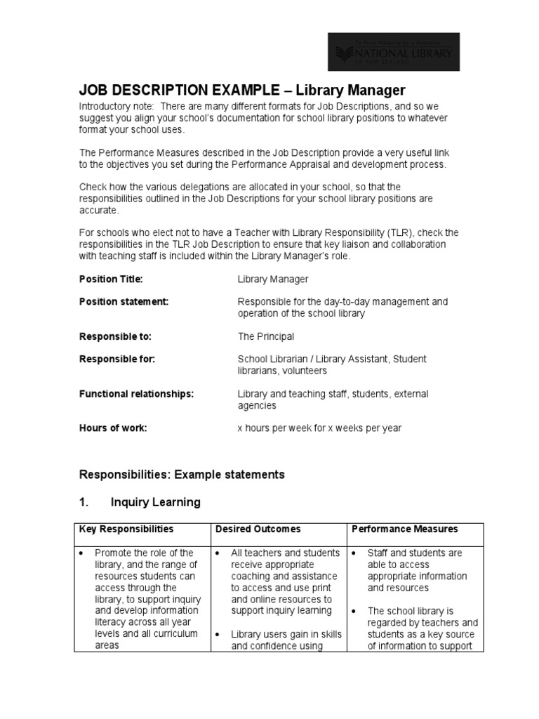Job Description Example - Library Manager: Position Title: Position ...