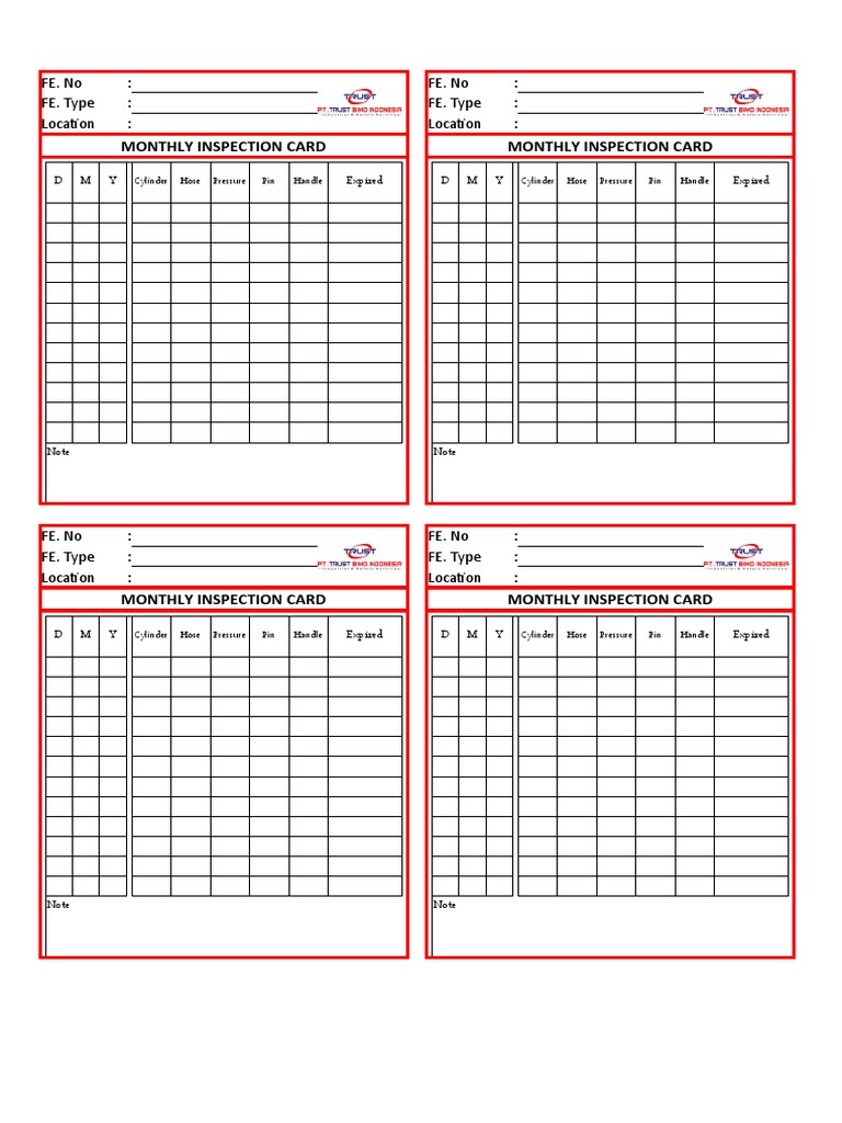 Monthly Inspection Card Monthly Inspection Card: DMY Expired DMY ...