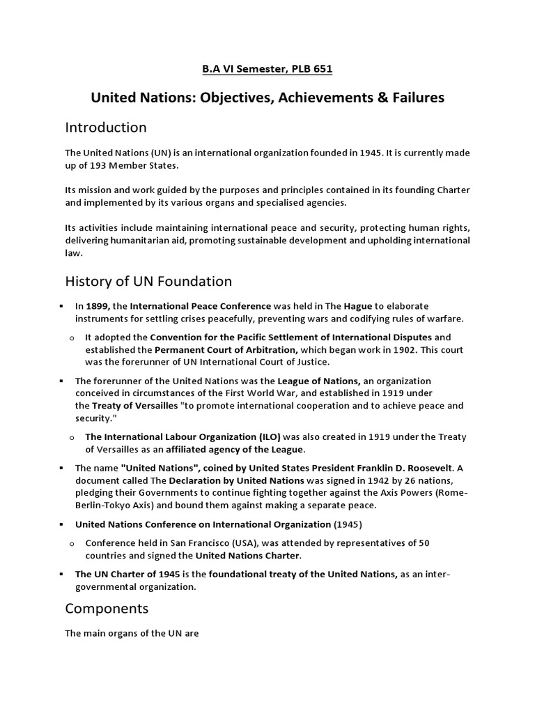 United Nations: Objectives, Achievements & Failures: B.A VI Semester ...