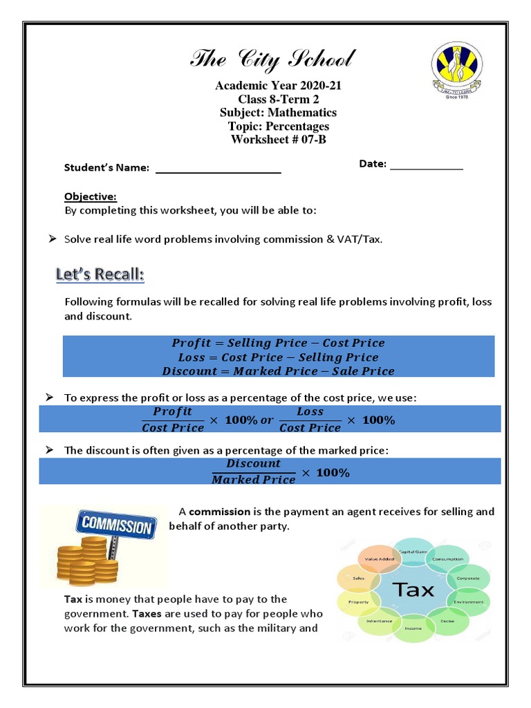 Class 8 Math Worksheet 07-B | PDF | Worksheet | Taxes