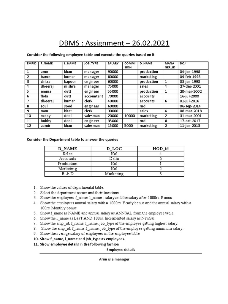 DBMS Assignment 26.02.2021 | PDF | Data Management | Employment