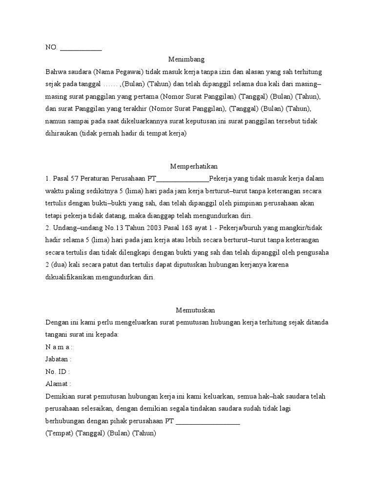 Surat Pemutusan Hubungan Kerja Mangkir | PDF