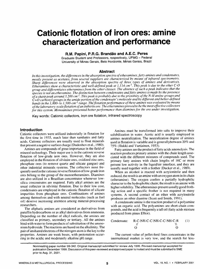 Cationic Flotation of Iron Ores Amine | PDF | Silicate | Amine