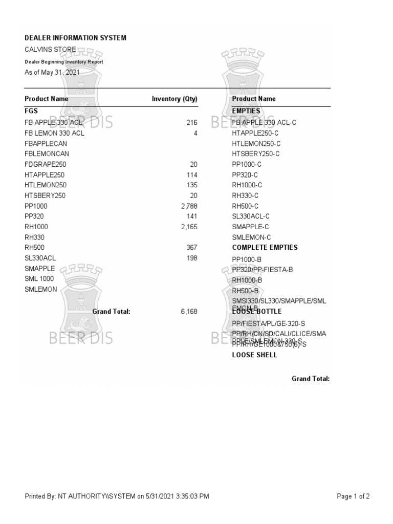 Dealer Information System: Dealer Beginning Inventory Report | PDF