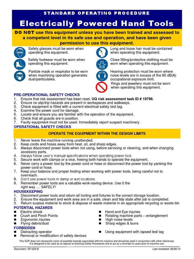 SP-020-B Electrically Powered Hand Tools SOP | PDF | Personal ...